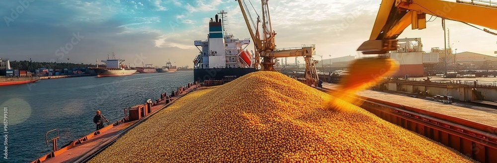 A cargo ship is loading corn on the deck, with large piles of yellow ...