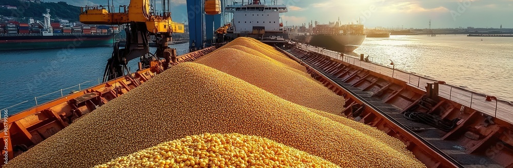 A cargo ship is loading corn on the deck, with large piles of yellow ...