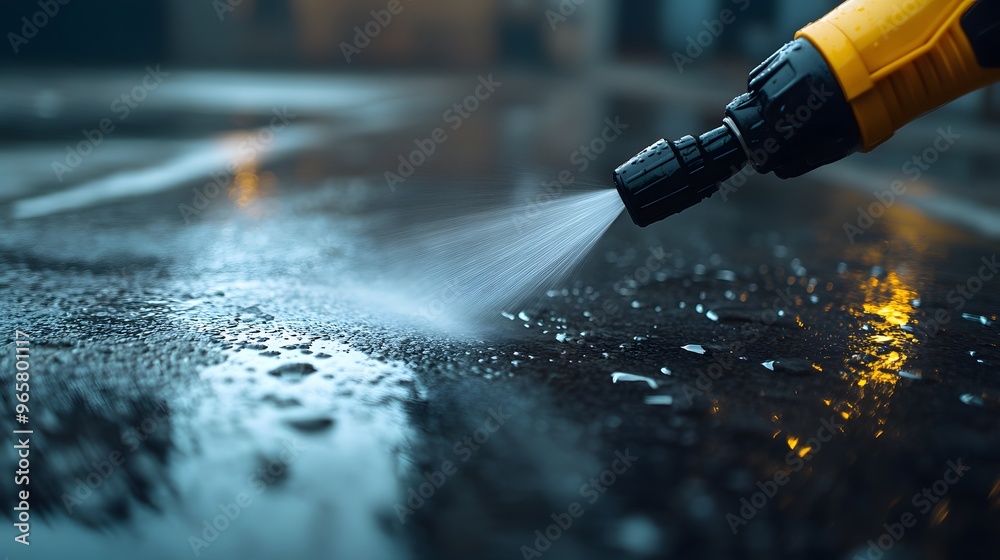 Pressure washer nozzle spraying water, gray concrete surface, water ...