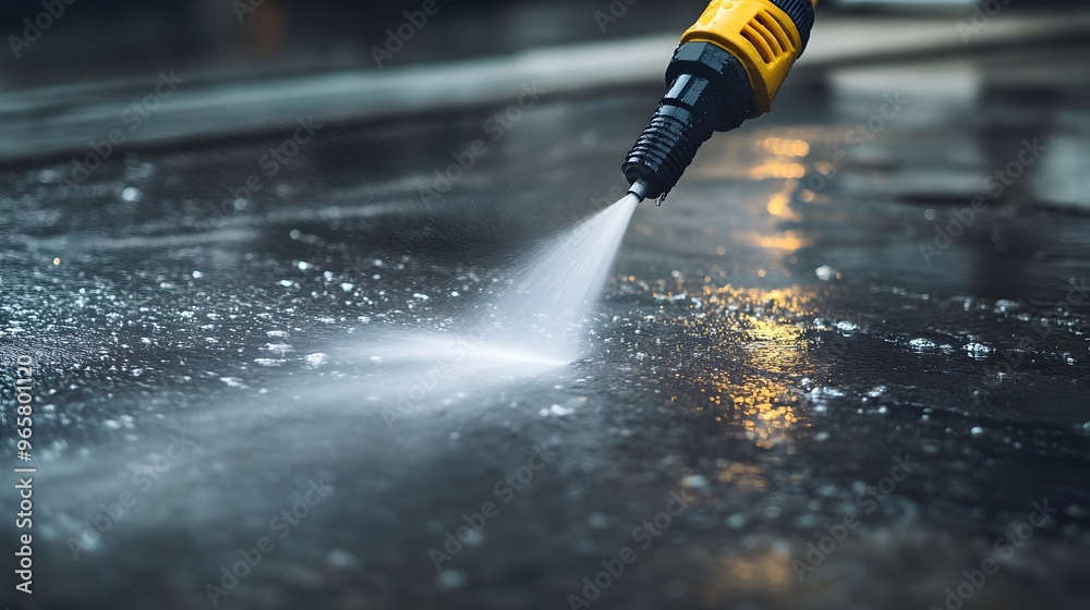 Pressure washer nozzle spraying water, gray concrete surface, water ...