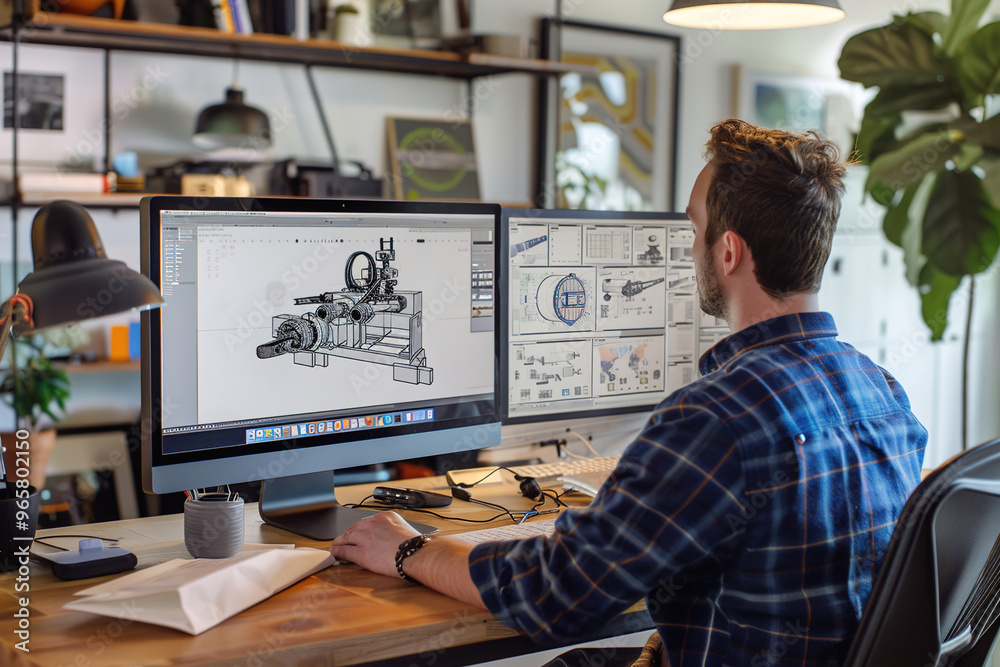 Virtual industrial designer creating 3D models of machinery, refining ...