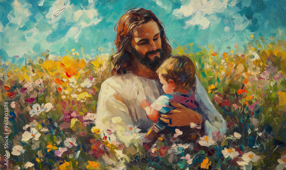 Jesus Christ wearing his white clothes and lovely kid kid child pray in ...