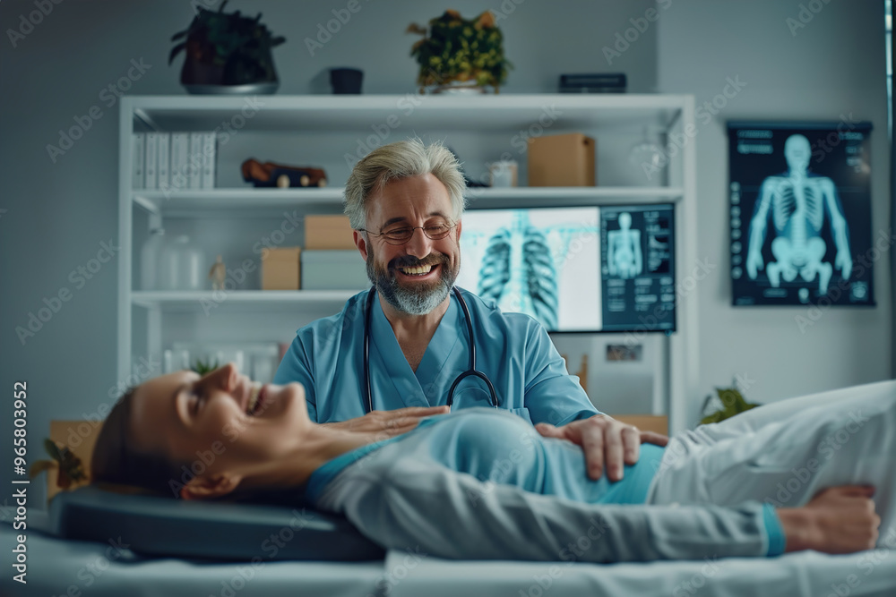 Chiropractor adjusting patient’s spine, patient smiling with relief ...