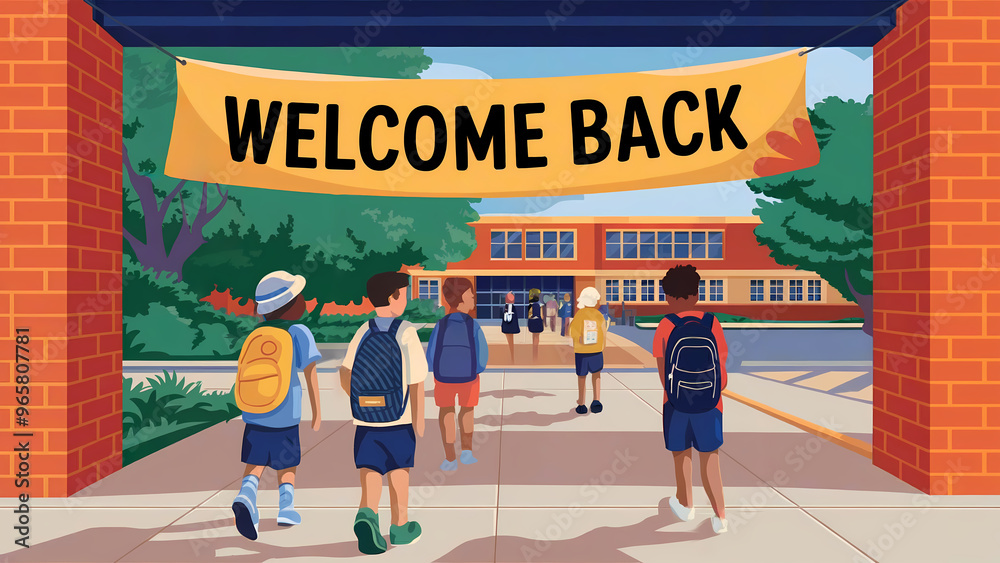 Back to school scene with welcome back banner. Vibrant cartoon style ...