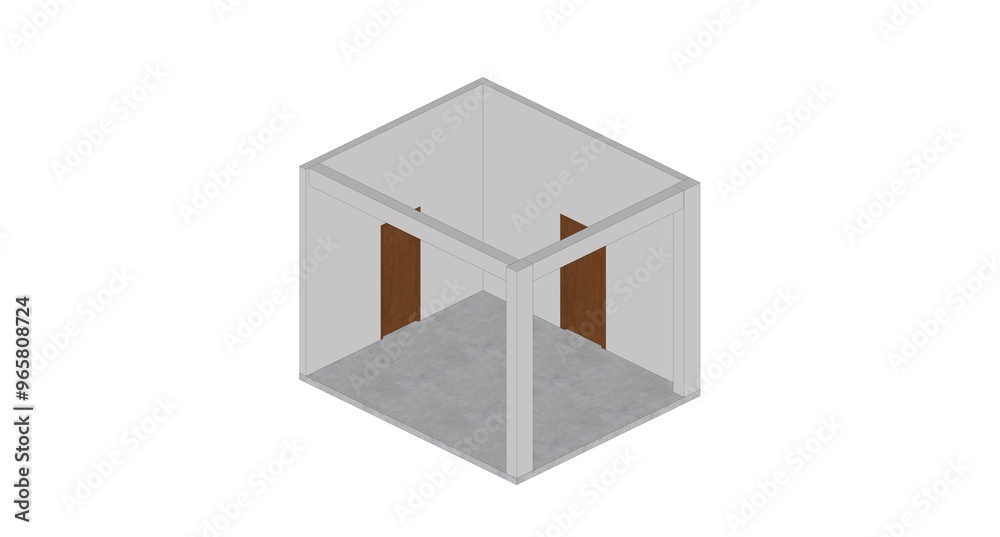 3D axonometric model rendering illustrations of a room with 2 doors ...