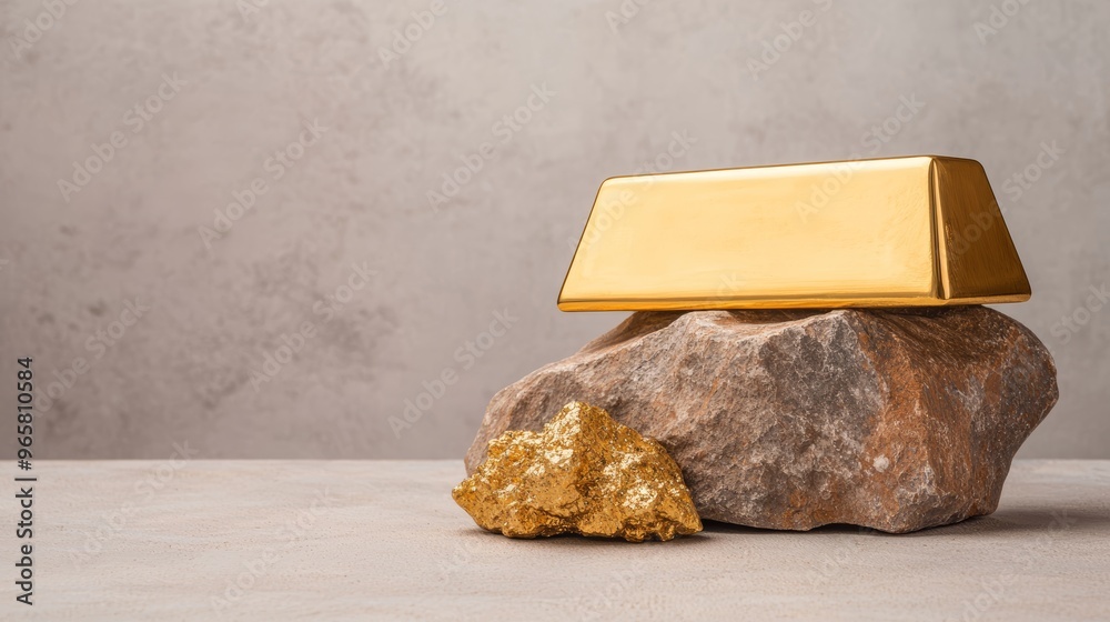 Gold bar and nugget placed on rugged stone, showcasing the ...