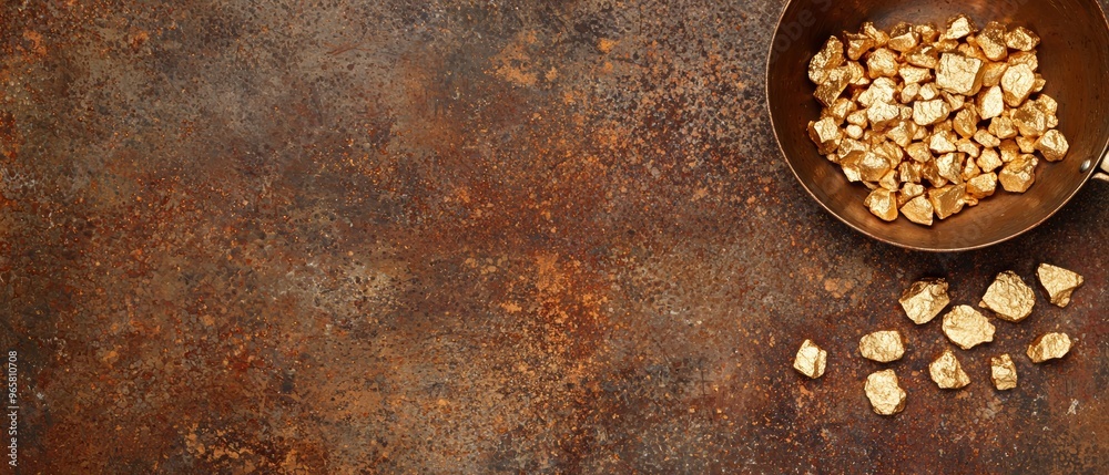 Gold nuggets spread on a textured rusty metal surface, with a gold pan ...