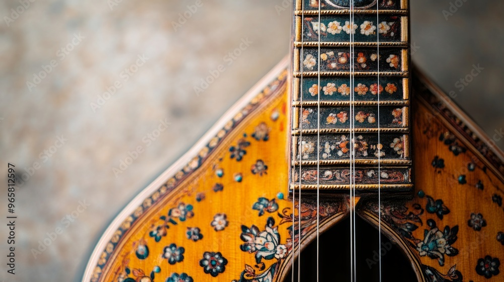 Sitar Elegance, a traditional Indian sitar stands vertically on a plain ...