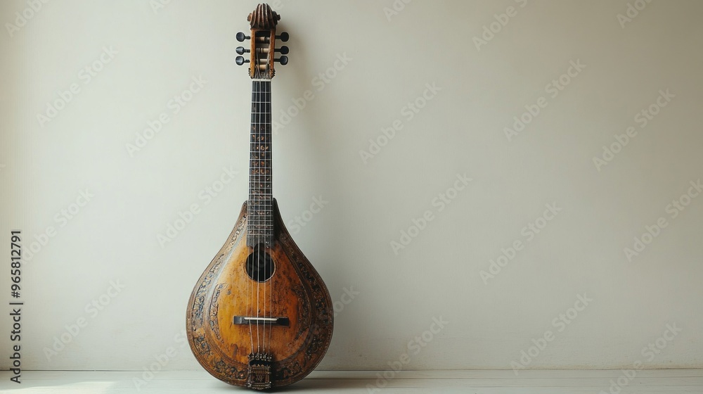 Elegant sitar displayed upright, intricate carvings highlighted against ...