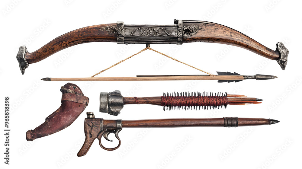 Collection of Antique Weapons on a Transparent Background: Bow, Arrow ...