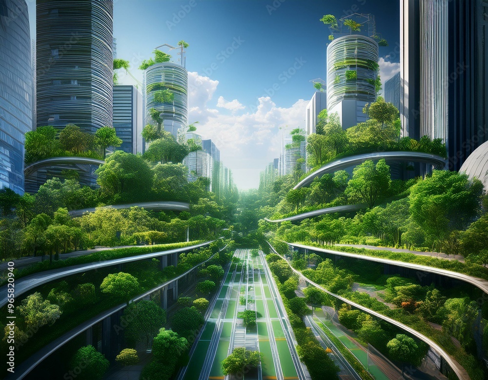 Create an image of Symbiotic Cities, showcasing interconnected urban ...