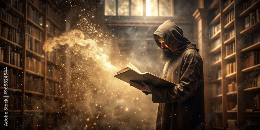 Shadowy figure immersed in reading an ancient tome in a dimly lit ...