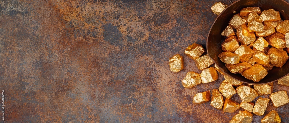 Gold nuggets spread on a textured rusty metal surface, with a gold pan ...