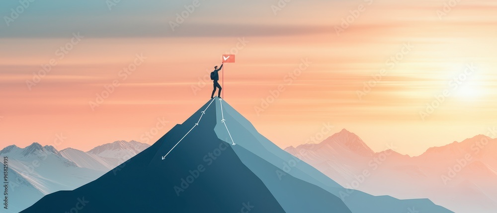 Business leader climbing a mountain with strategic milestones marked ...