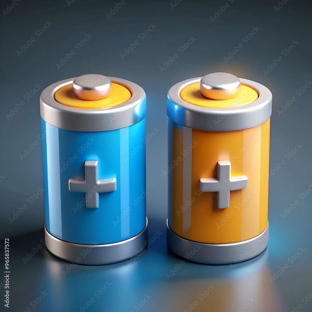 Two 3D rendered battery icons. one blue and one orange. stand side by ...