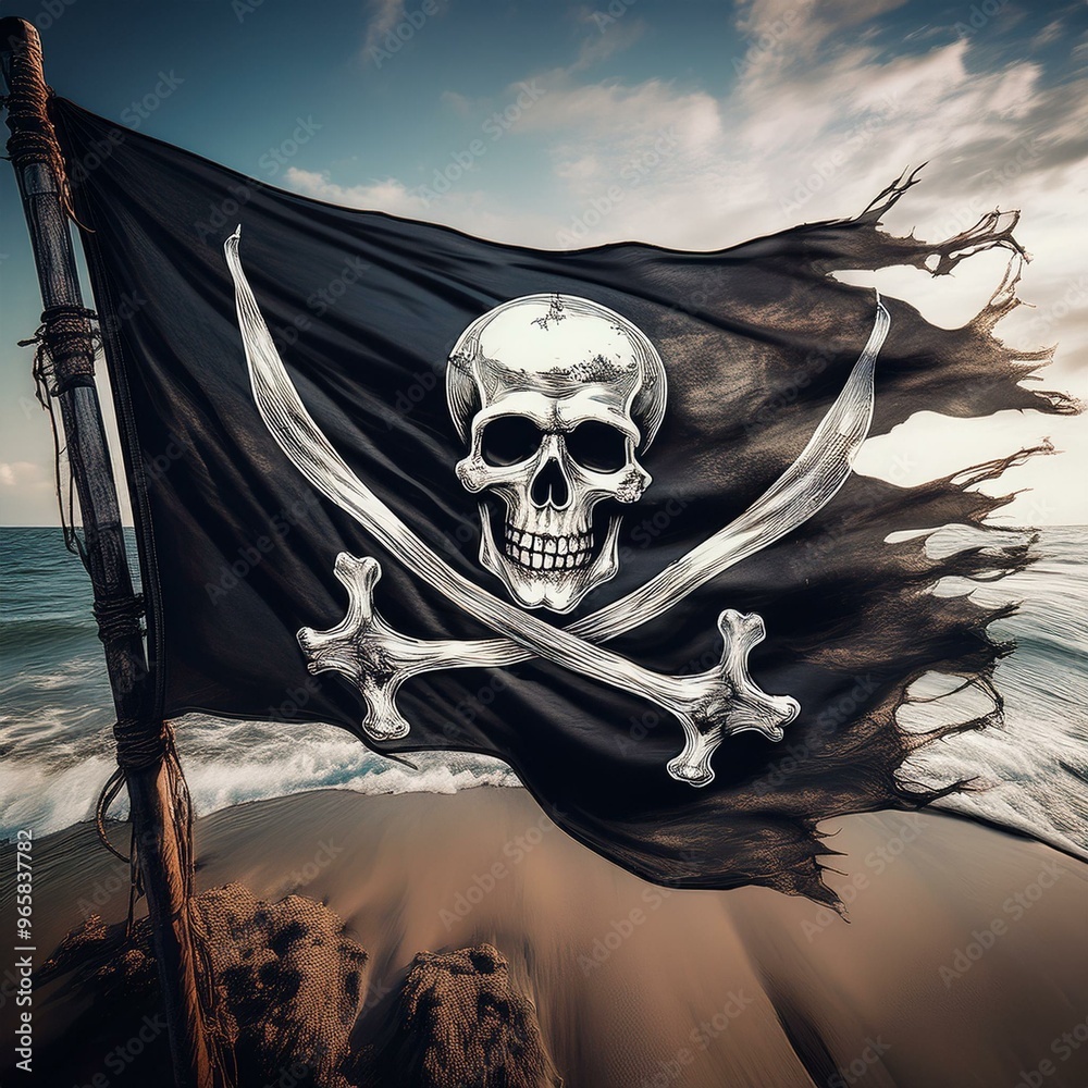 A tattered black pirate flag with a skull and crossbones design ...