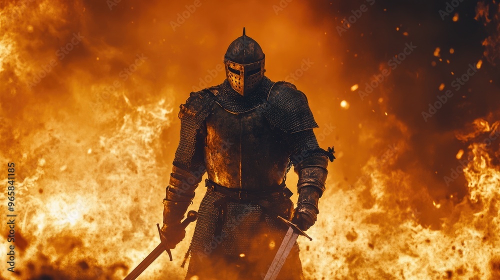 A fierce medieval knight gripping a sword, standing amidst fire and ...