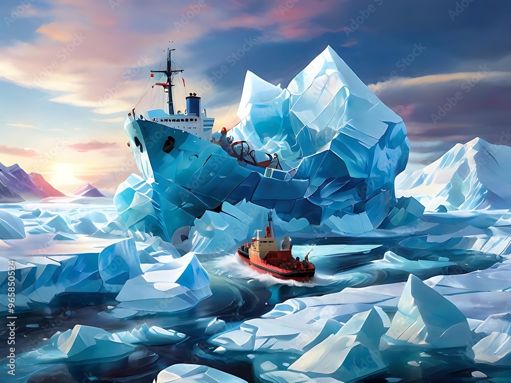 Icebreaker ship plowing through frozen seas in the Arctic, with massive ...