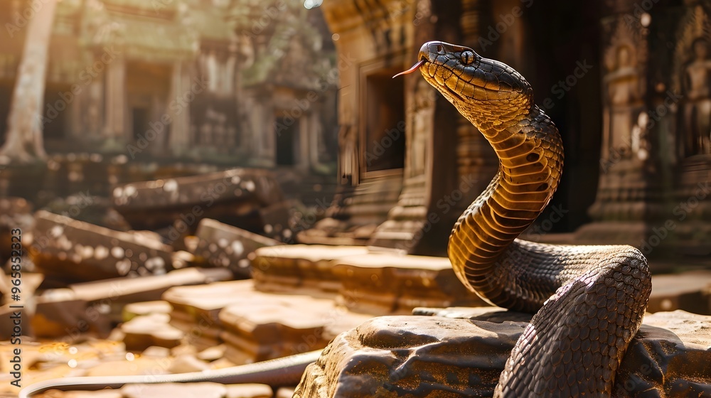 Majestic King Cobra Rising with Flared Hood in Ancient Temple Ruins ...