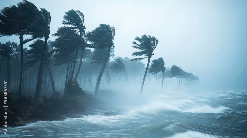 50. Gale-force winds bending palm trees during a tropical storm ...
