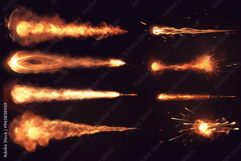 Gun flashes with smoke and fire sparkles. Pistol shots clouds, muzzle shotgun explosion. Blast ...