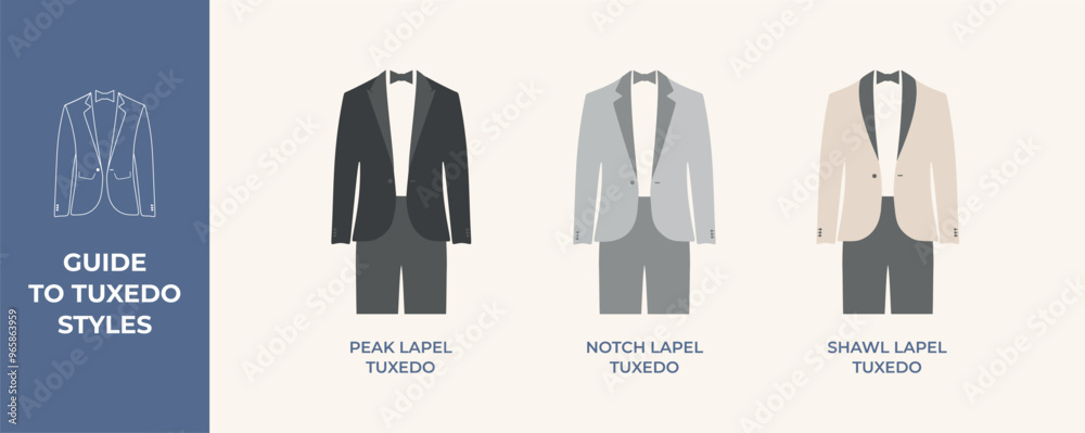 Vector illustration of three tuxedo styles: peak lapel, notch lapel ...