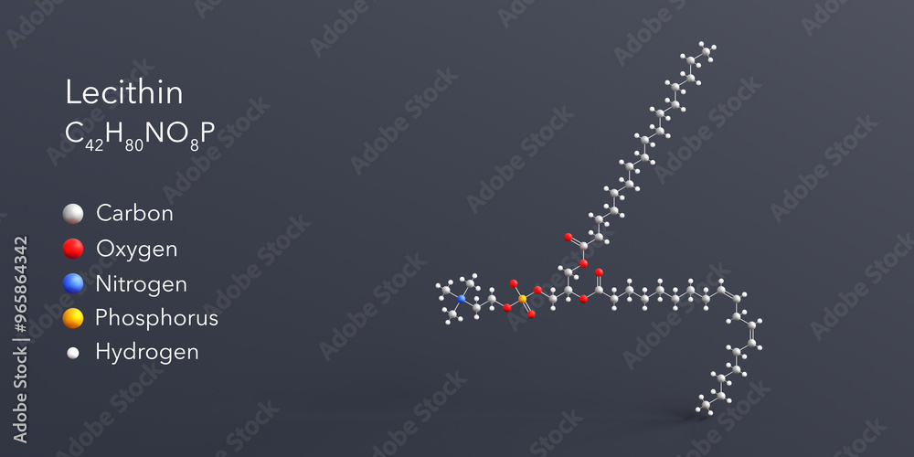 lecithin molecule 3d rendering, flat molecular structure with chemical formula and atoms color ...