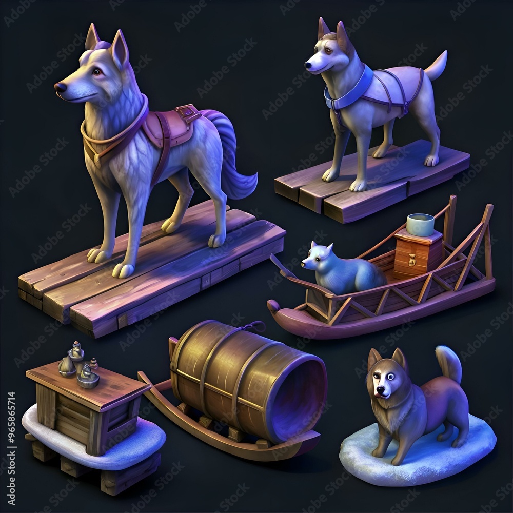 Cute 3D Cartoon Husky Dogs with Sledding Assets for Game Design. Stock ...