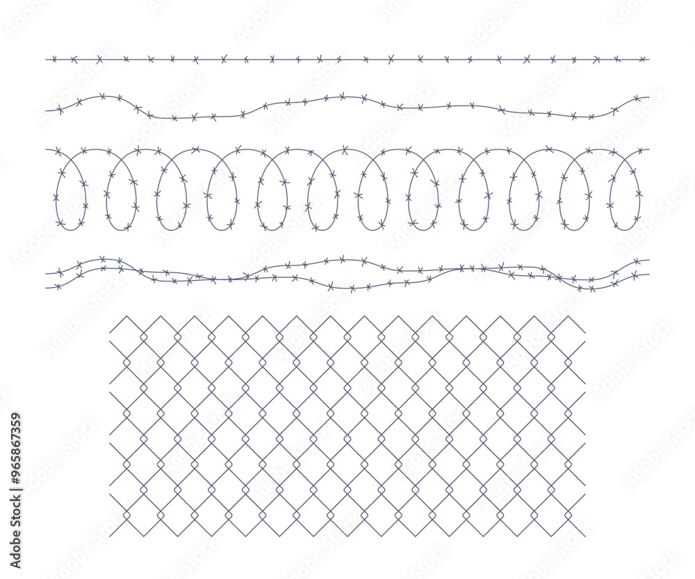 Fence from wire barbed and wire mesh line set. Black silhouette fence ...