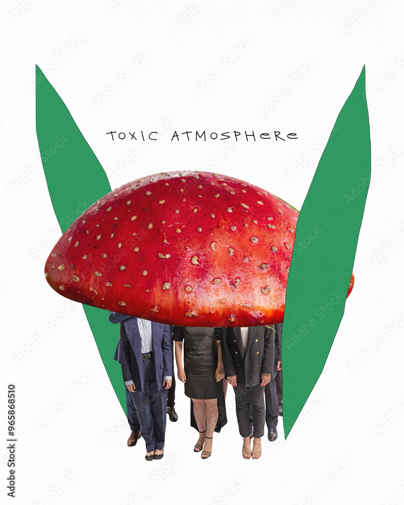 Poster. Contemporary art collage. Toxic Atmosphere. Individuals trapped ...