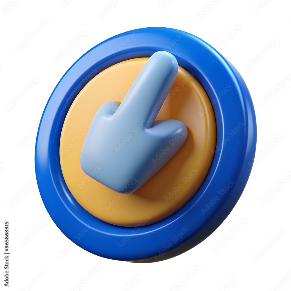 3D rendering of a blue and yellow clickable button with a blue hand ...