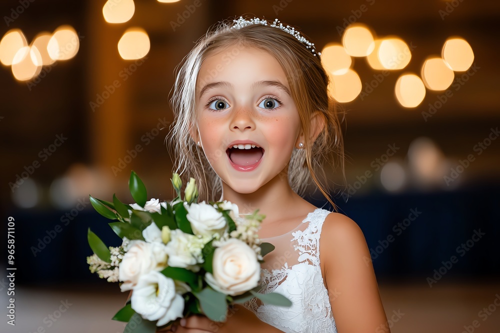 Girl caught the bouquet, her face lighting up with surprise and joy as ...
