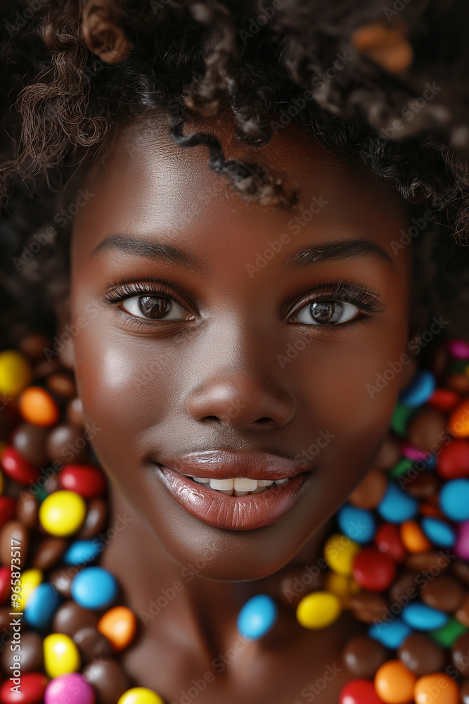 Pretty young woman laying in colorful chocolate and sugar candies ...