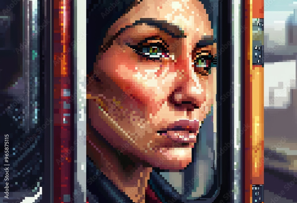 87 pixel art x macrorealism a pixelated close up of the tram dri Stock ...