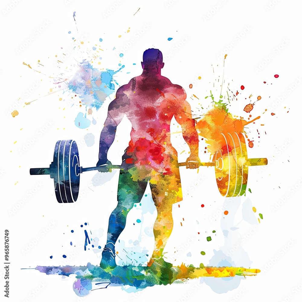 artistic watercolor illustration features a bodybuilder lifting a ...