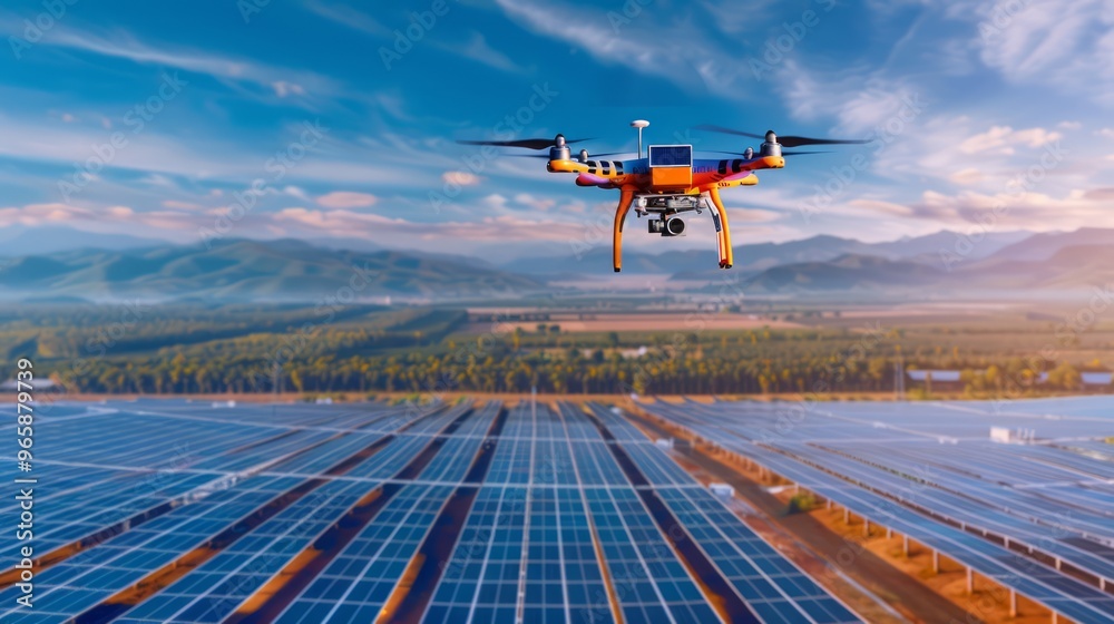 Solar-powered drone flying over a solar farm, demonstrating innovative ...