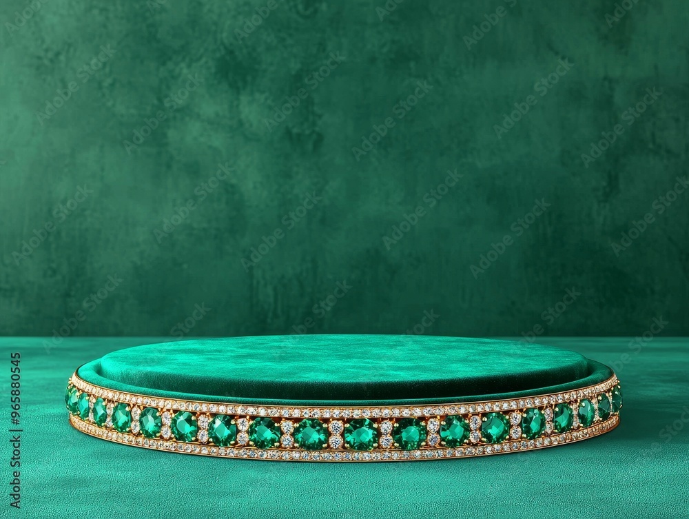 Emerald green pedestal with gold and gem accents on a textured green ...