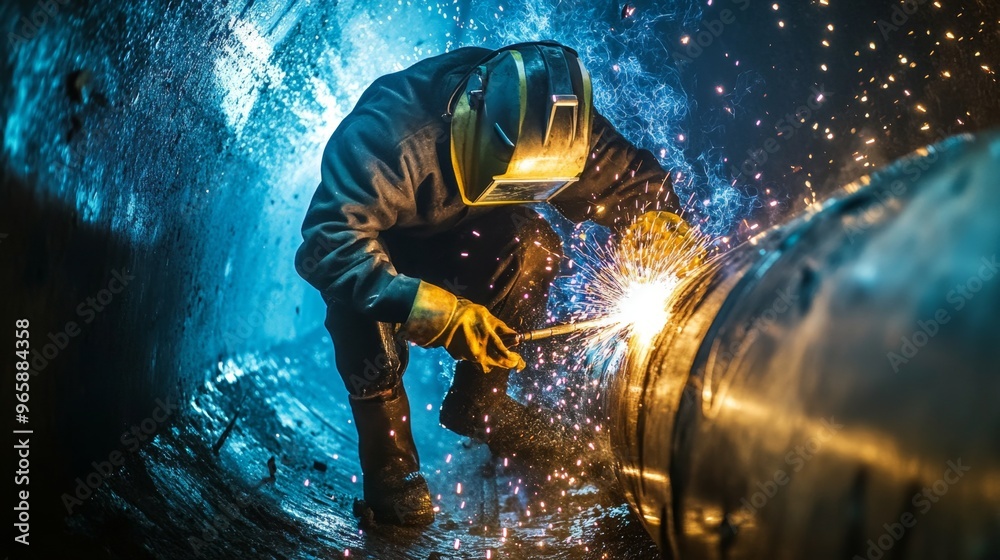 Underwater welder at work on a submerged pipeline, surrounded by ...