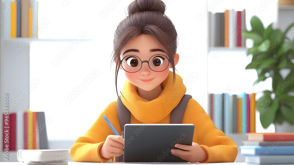 A 3D animation of a girl writing notes while studying with a tablet ...