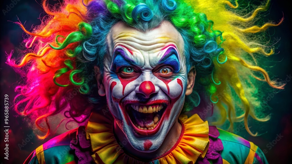 High-quality photographs of scary clowns in bold colors for product ...