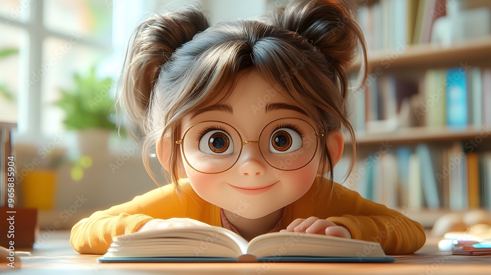 A 3D animation of a young girl lying down, studying on her tablet with ...