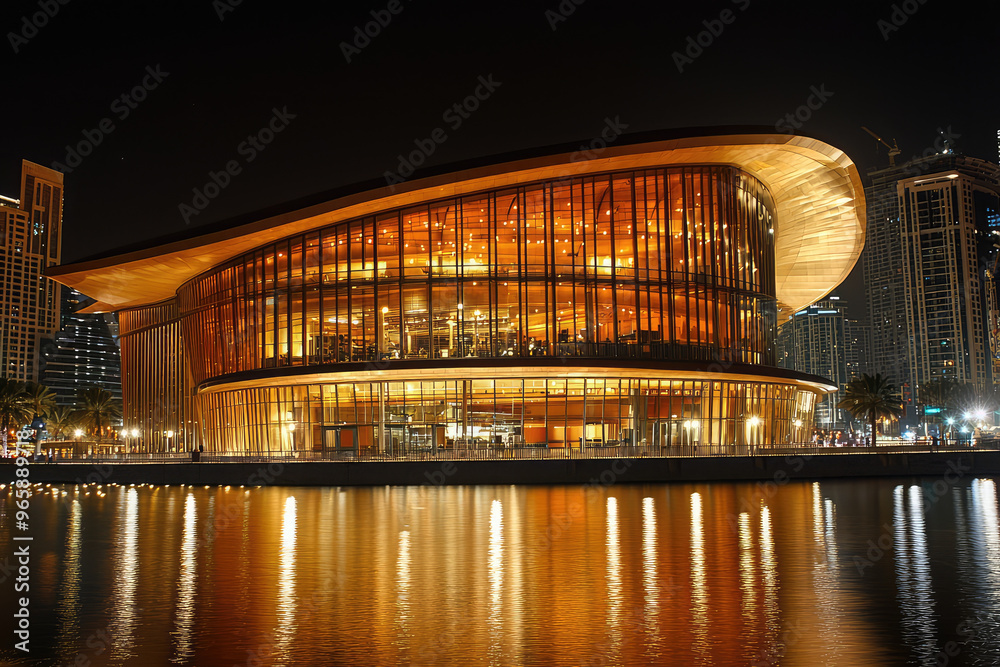 Dubai Opera House is beautifully illuminated at night, showcasing its ...