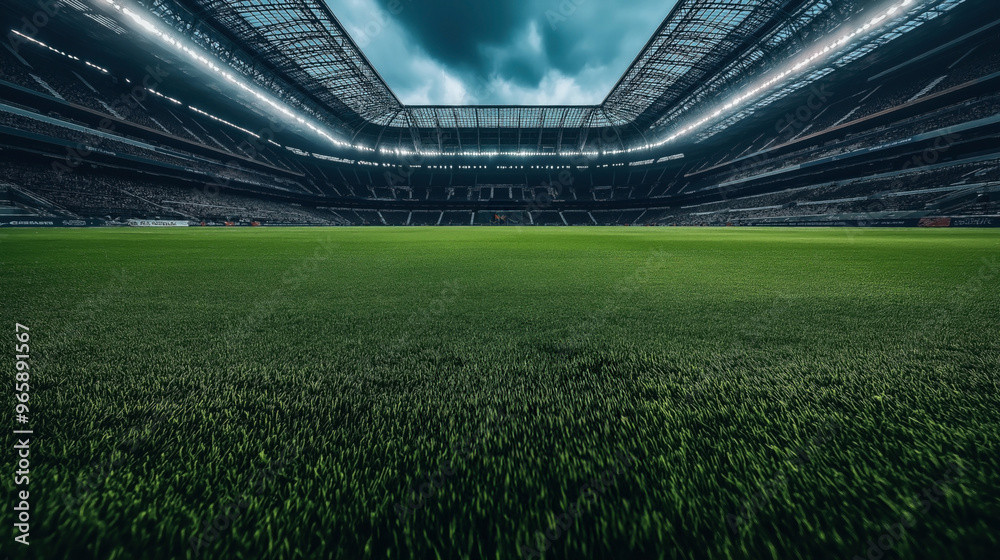 Wide-angle view of an empty football stadium from the center of the ...