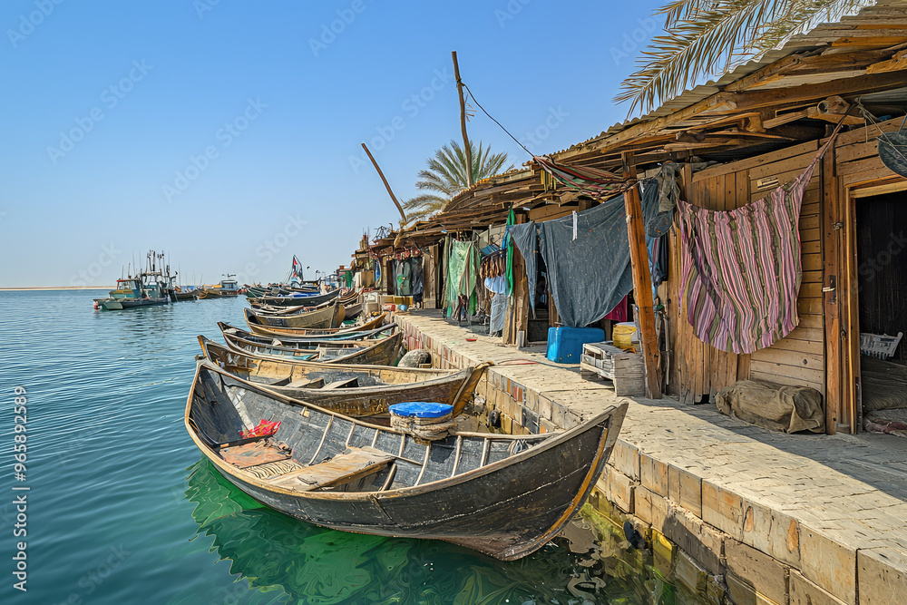 Traditional Emirati fishing village with wooden boats lined along ...