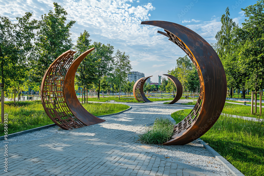 Urban park with contemporary sculptures and pathways, showcasing ...