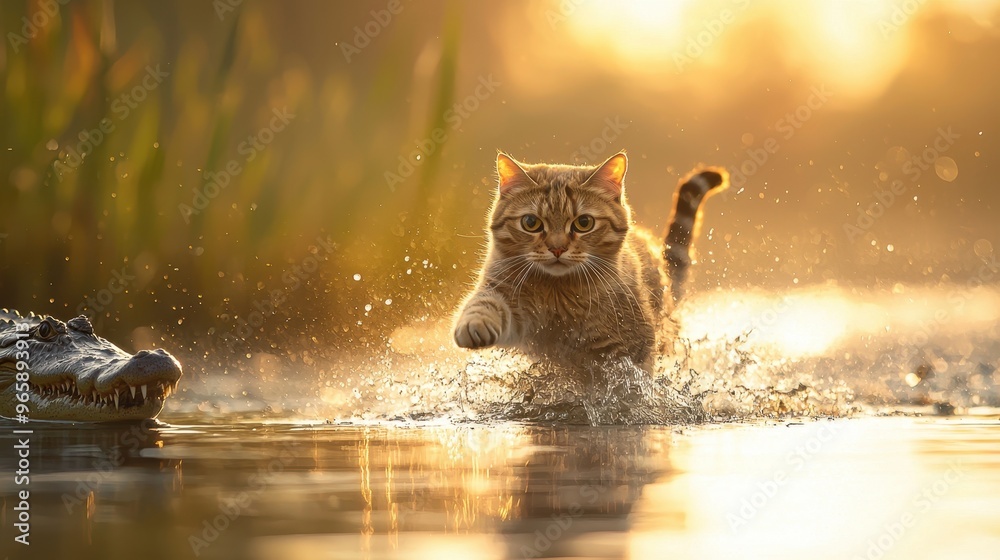 Cat running through a swampy river being chased by a crocodile during ...