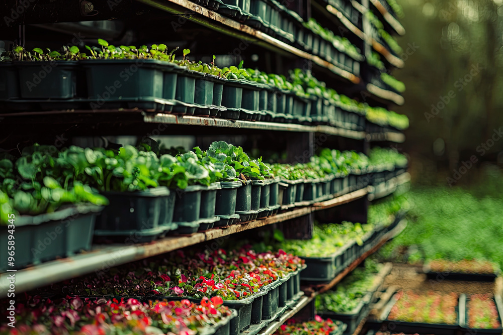 Vertical farming system with stacked plant trays showcases vibrant ...