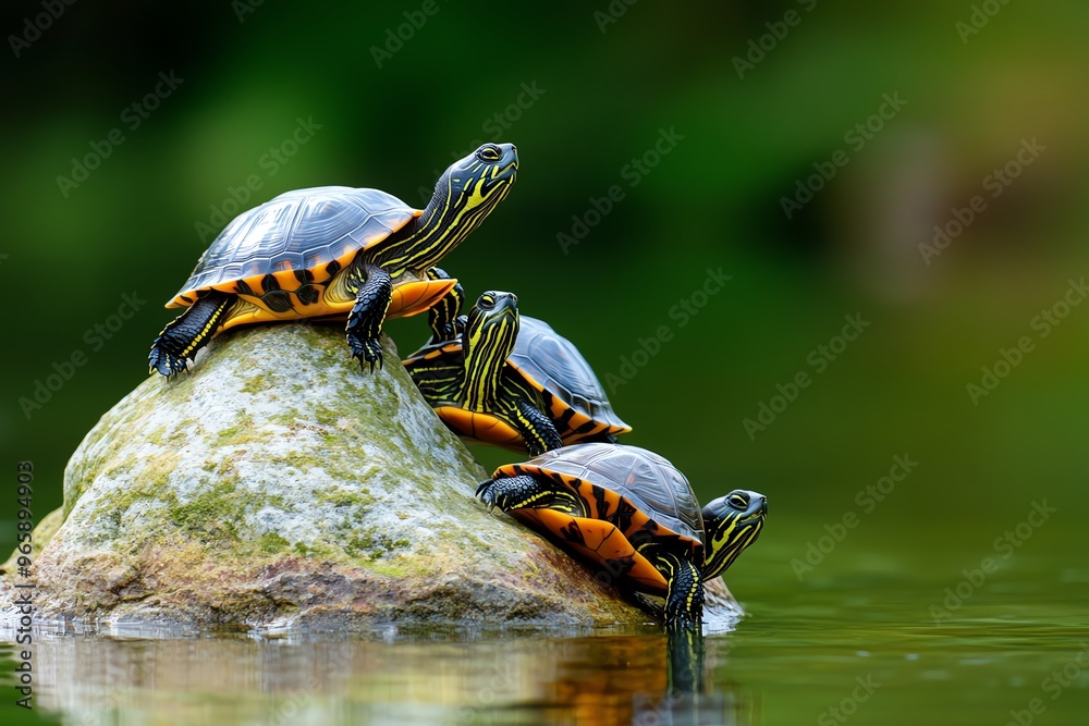 Turtle sharing space with other turtles on a rock, balancing for space ...