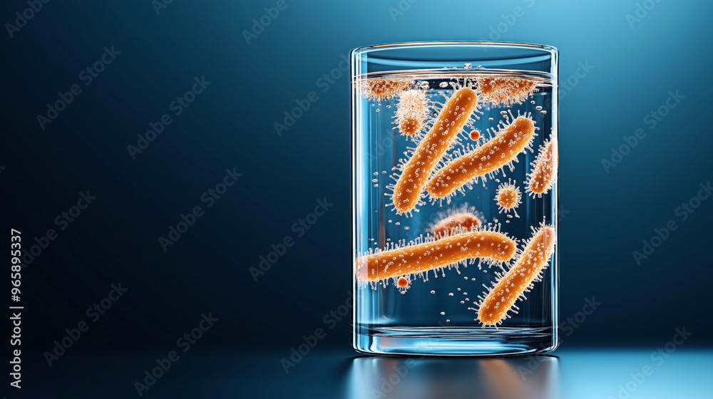 Close-up of a glass of water with orange bacteria contaminating it ...