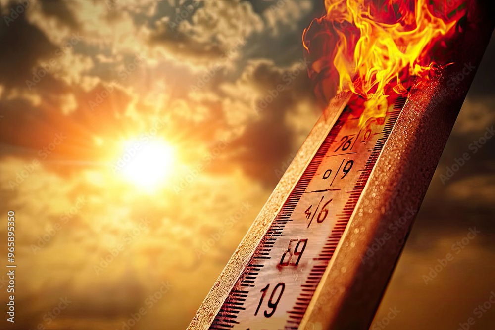 image depicts thermometer with flames, symbolizing extreme heat and ...
